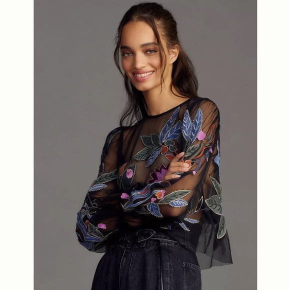 Anthropologie | Tops | Nwt Anthropologie Appliqu Mesh Ls Top | Poshmark
